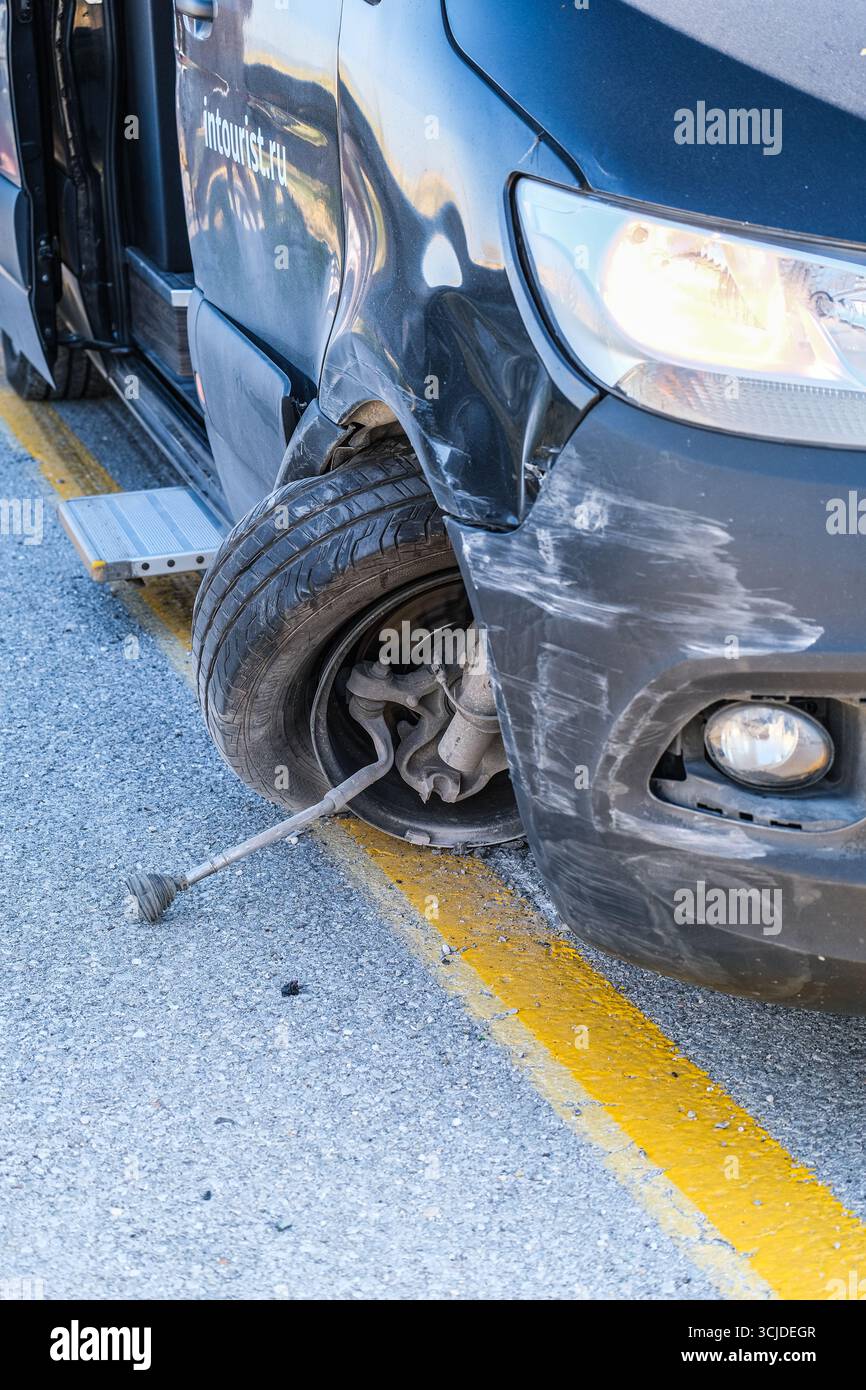 pamukkale, Turkiye, 08.07.2025 Close up view of a damaged tourist bus ...