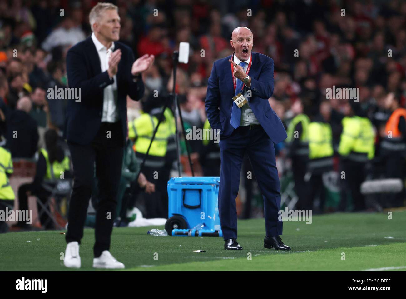 Hungary coach Marco Rossi and Ireland coach Heimir Hallgrimsson, left ...