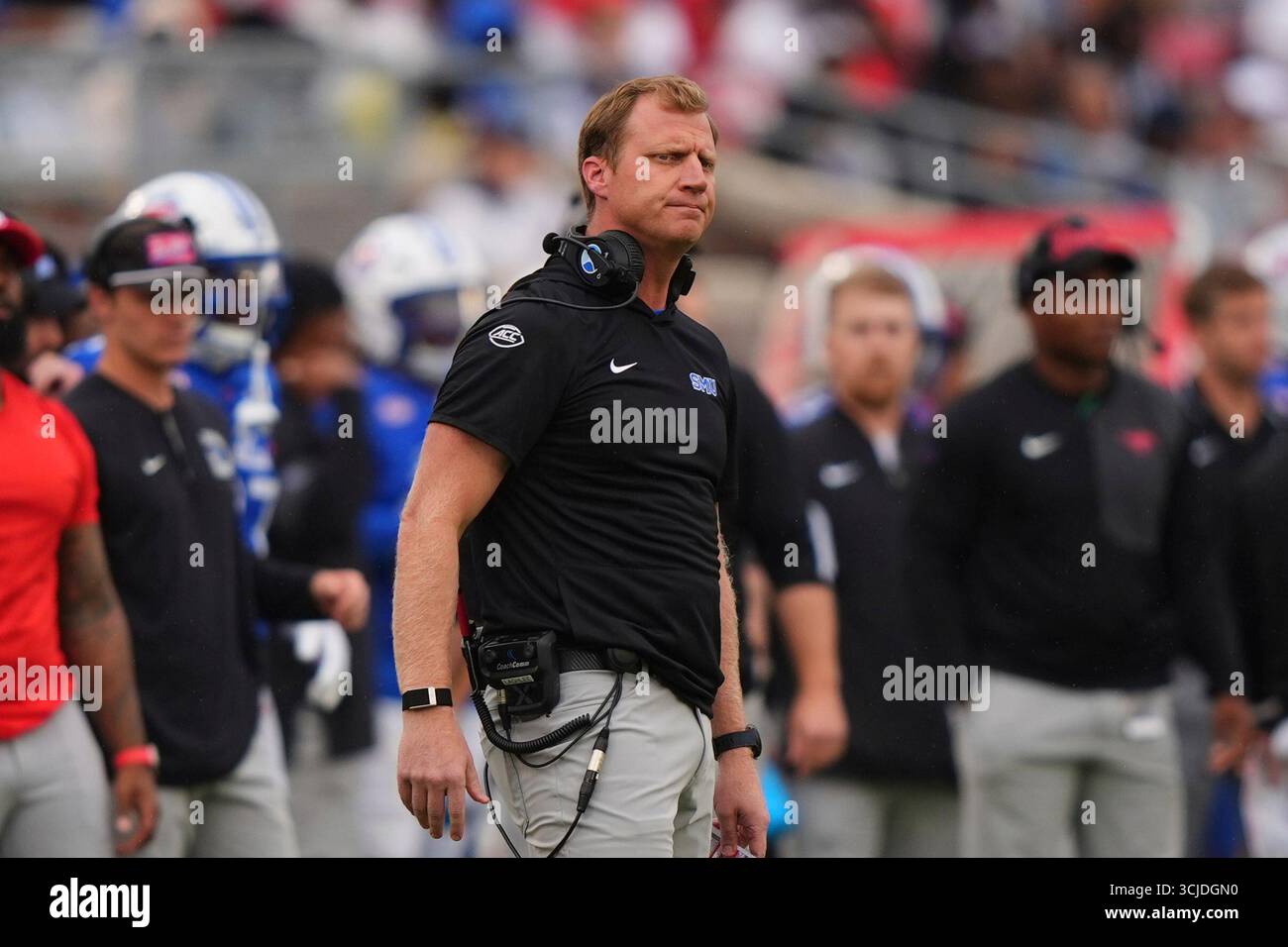 SMU head coach Rhett Lashlee looks on during the first half of an NCAA ...
