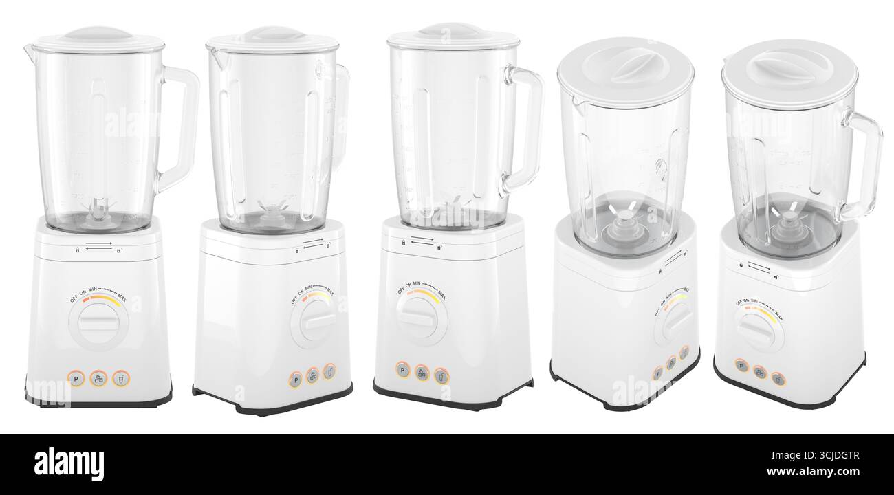 White kitchen blenders from different angles. 3D rendering isolated on ...