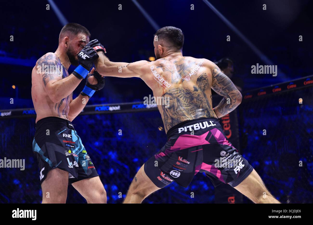 Filip Pejic of Croatia punches Aleksandar Jankovic of Serbia in catchweight fight during FNC 24 ...