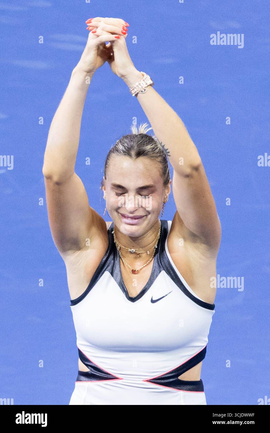 Aryna Sabalenka of Belarus celebrates her win in two sets over Amanda ...
