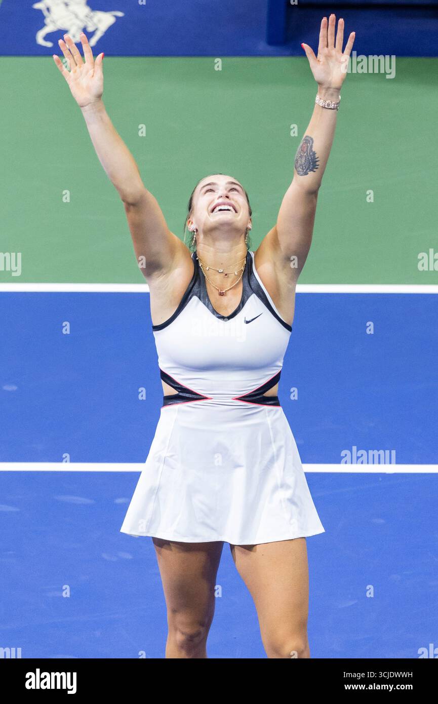 Aryna Sabalenka of Belarus celebrates her win in two sets over Amanda ...