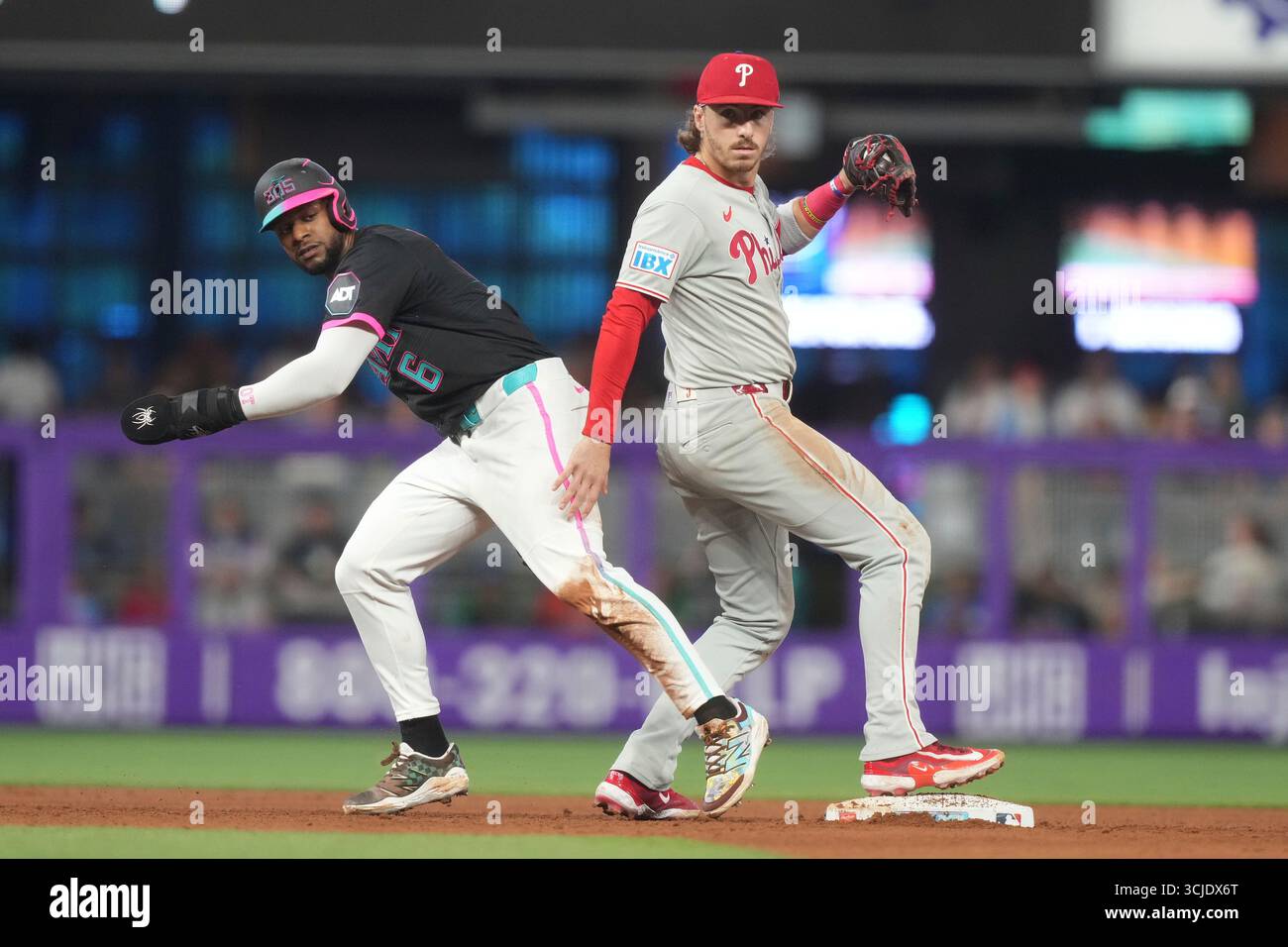 Philadelphia Phillies second baseman Bryson Stott tags out Miami ...