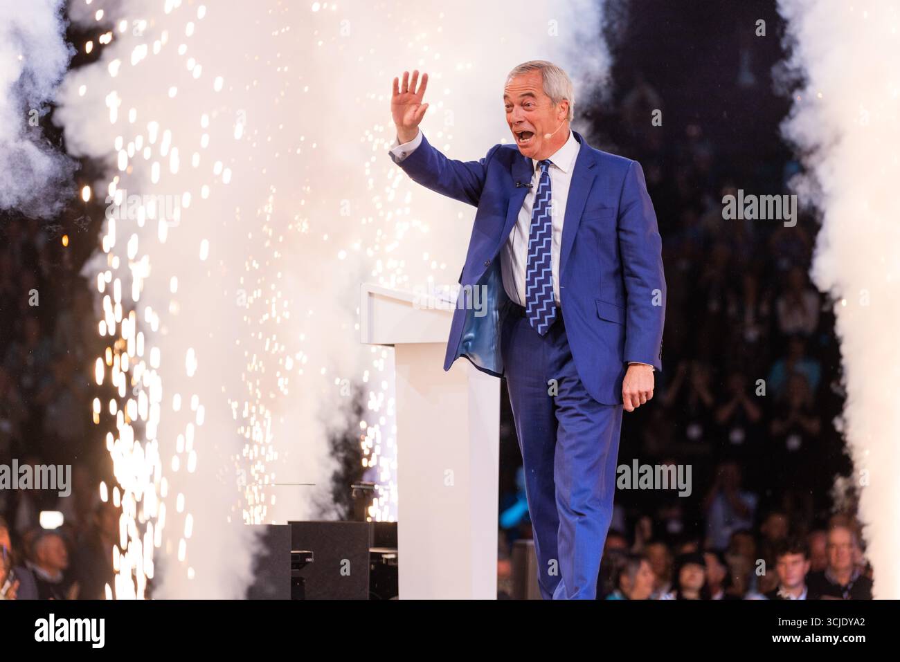 Birmingham, UK. 05 SEP, 2025. Nigel Farage, leader of Reform UK ...