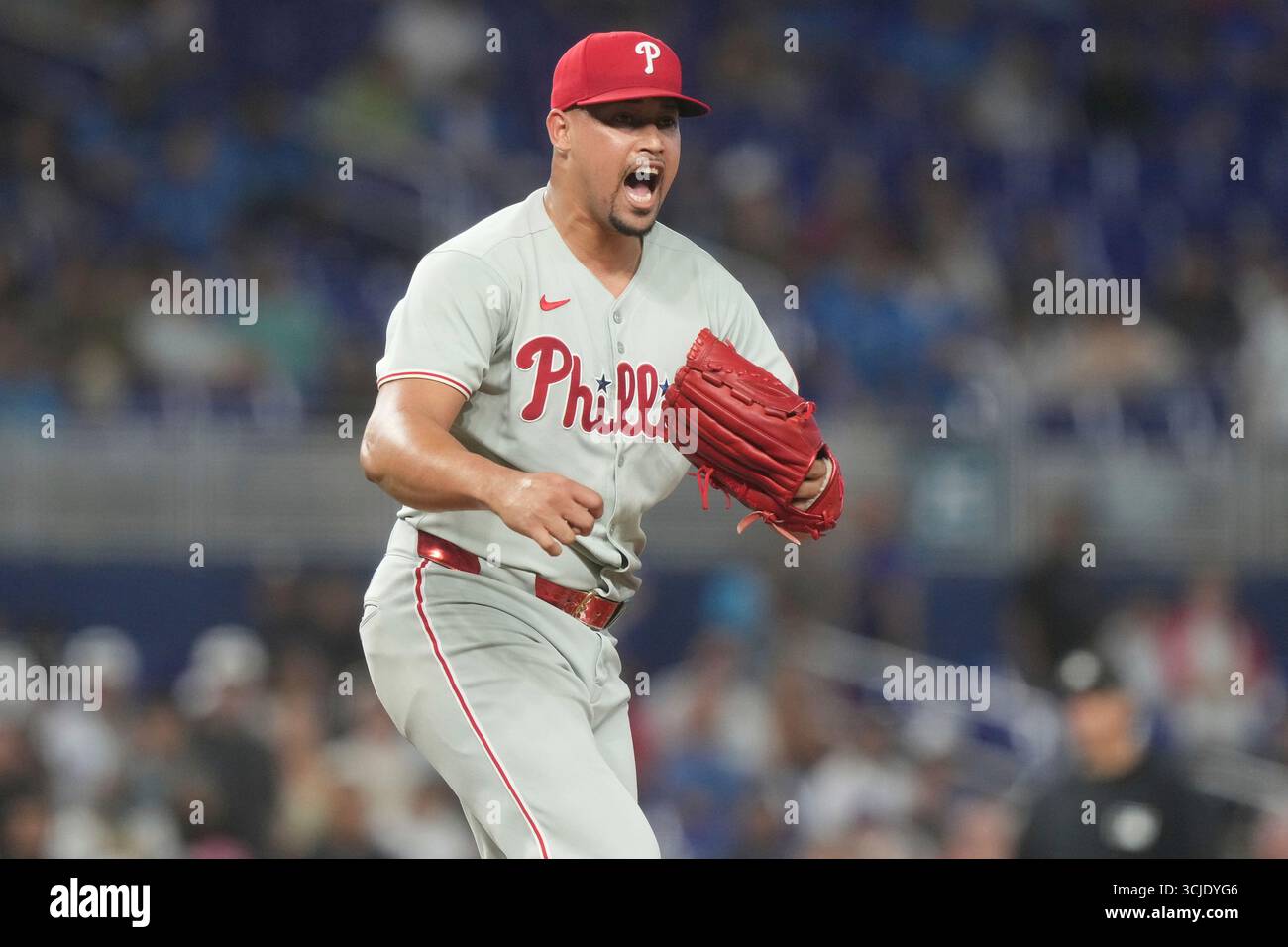 Philadelphia Phillies pitcher Jhoan Duran reacts after defeating the ...