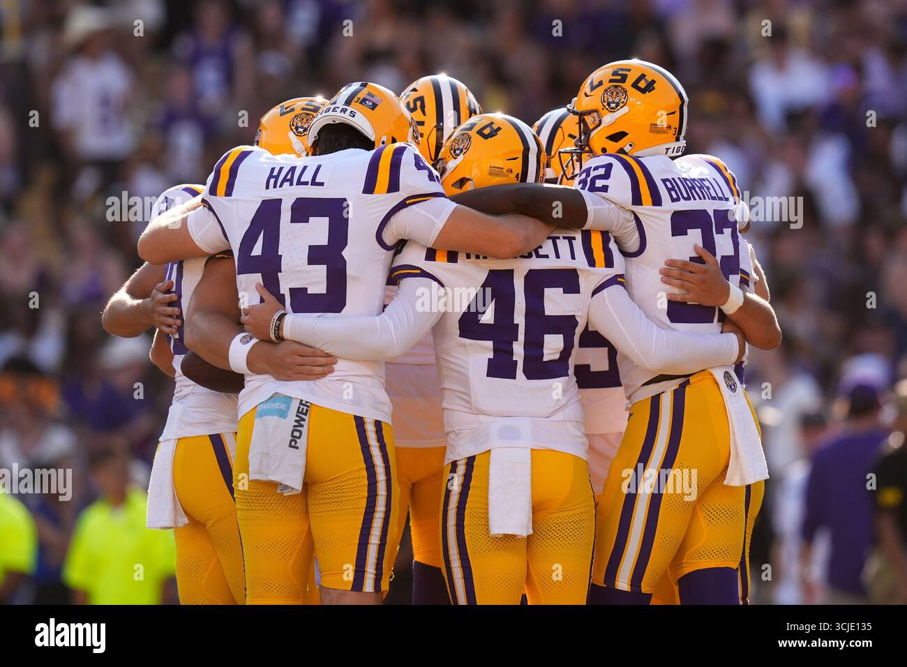 LSU special teams players huddle before an NCAA college football game against Louisiana Tech ...