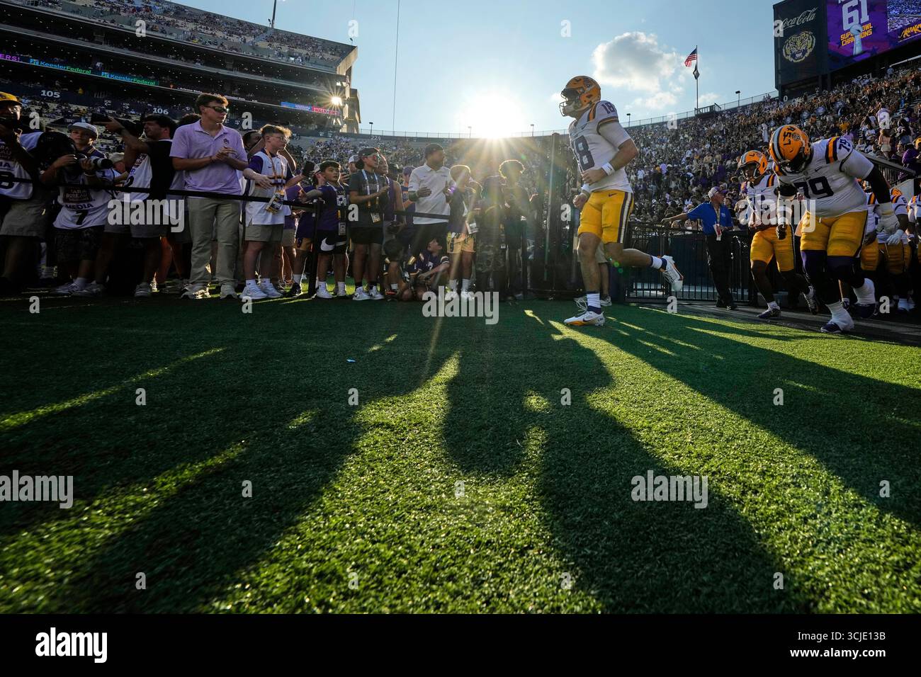 LSU quarterback Garrett Nussmeier (18) enters the field before an NCAA ...