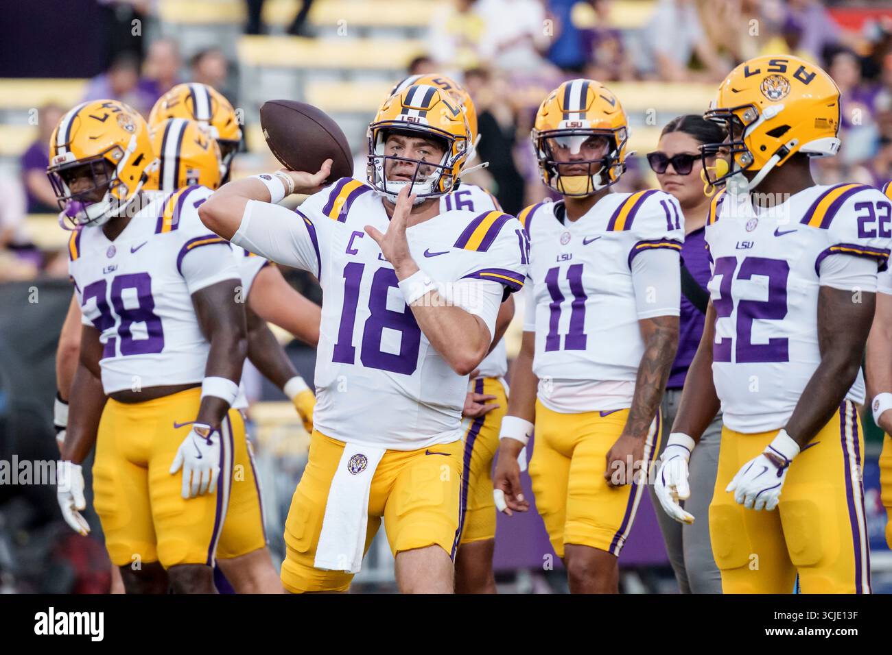 LSU quarterback Garrett Nussmeier (18) throws before an NCAA football ...