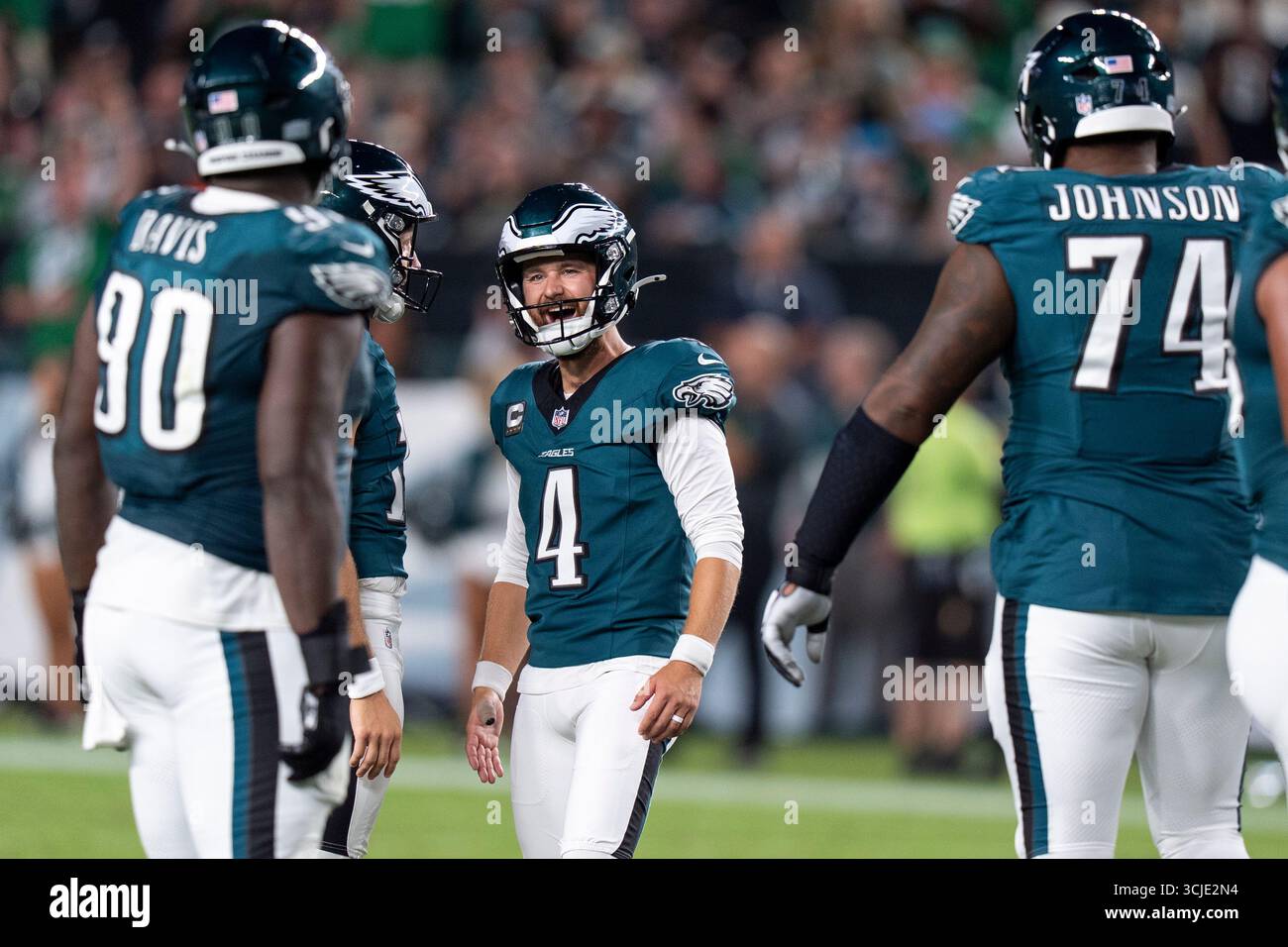 Philadelphia Eagles kicker Jake Elliott, center, reacts to his field ...