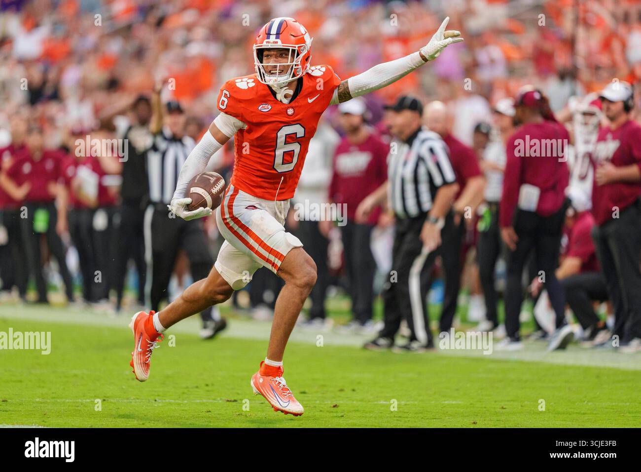 Clemson safety Ricardo Jones (6) reacts after making an interception in ...