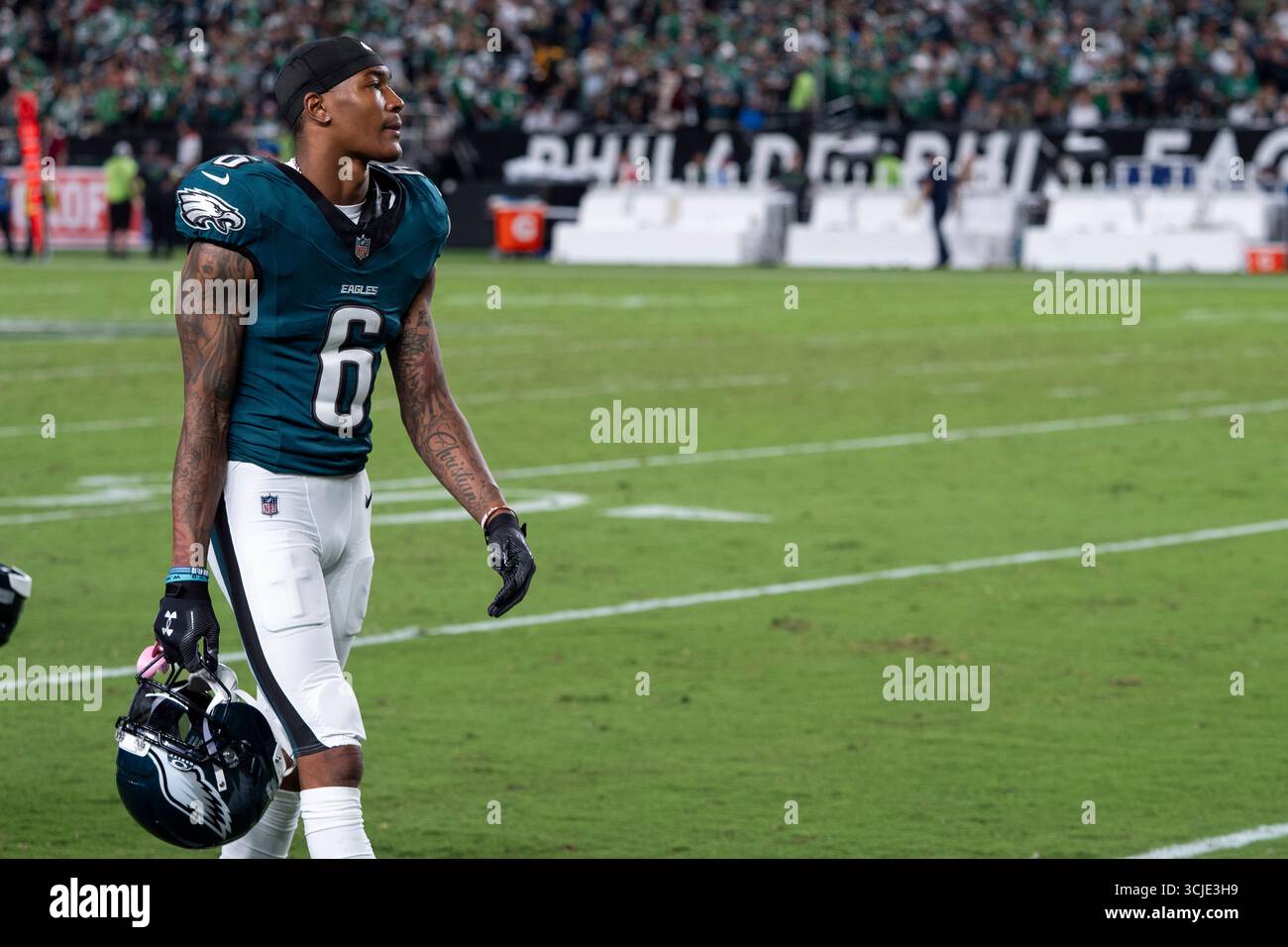 Philadelphia Eagles wide receiver DeVonta Smith walks off the field as ...