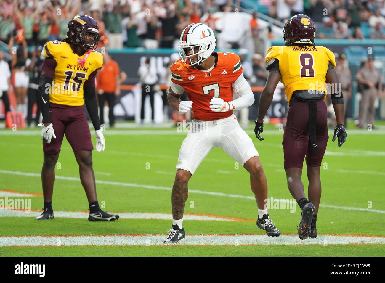 Miami Hurricanes wide receiver CJ Daniels (7) reacts after scoring a ...
