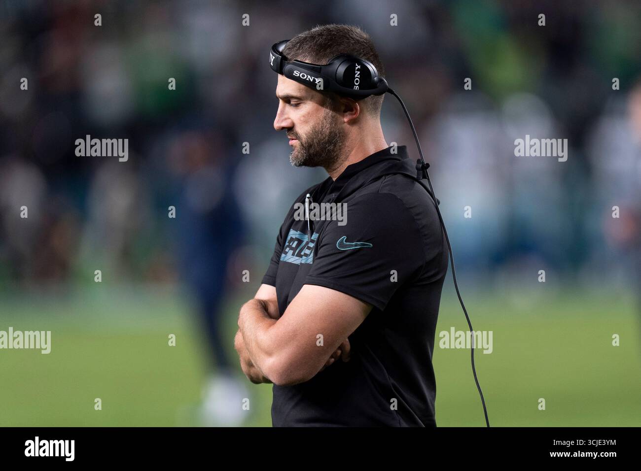 Philadelphia Eagles head coach Nick Sirianni looks on after the delay ...