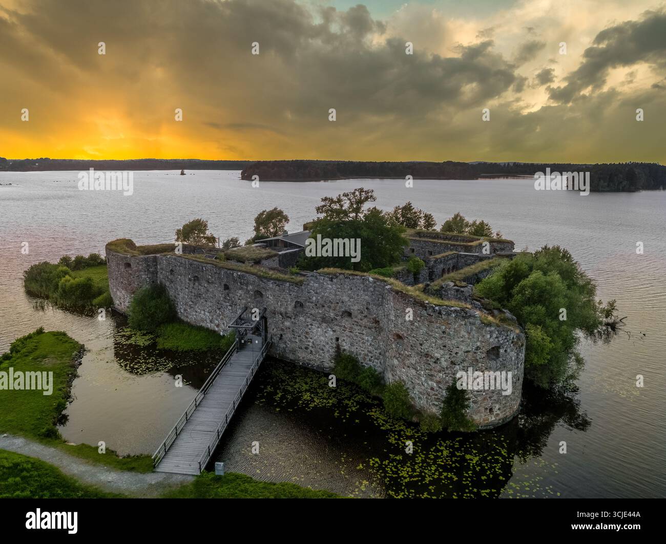 Aerial view of Kronoberg cast le ruin on Helgasjön lake in Växjö ...