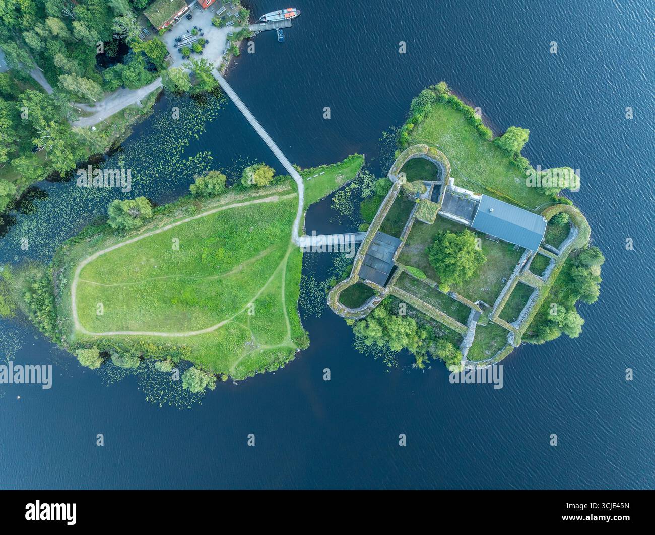 Aerial top down ground plan view of Kronoberg cast le ruin on Helgasjön ...