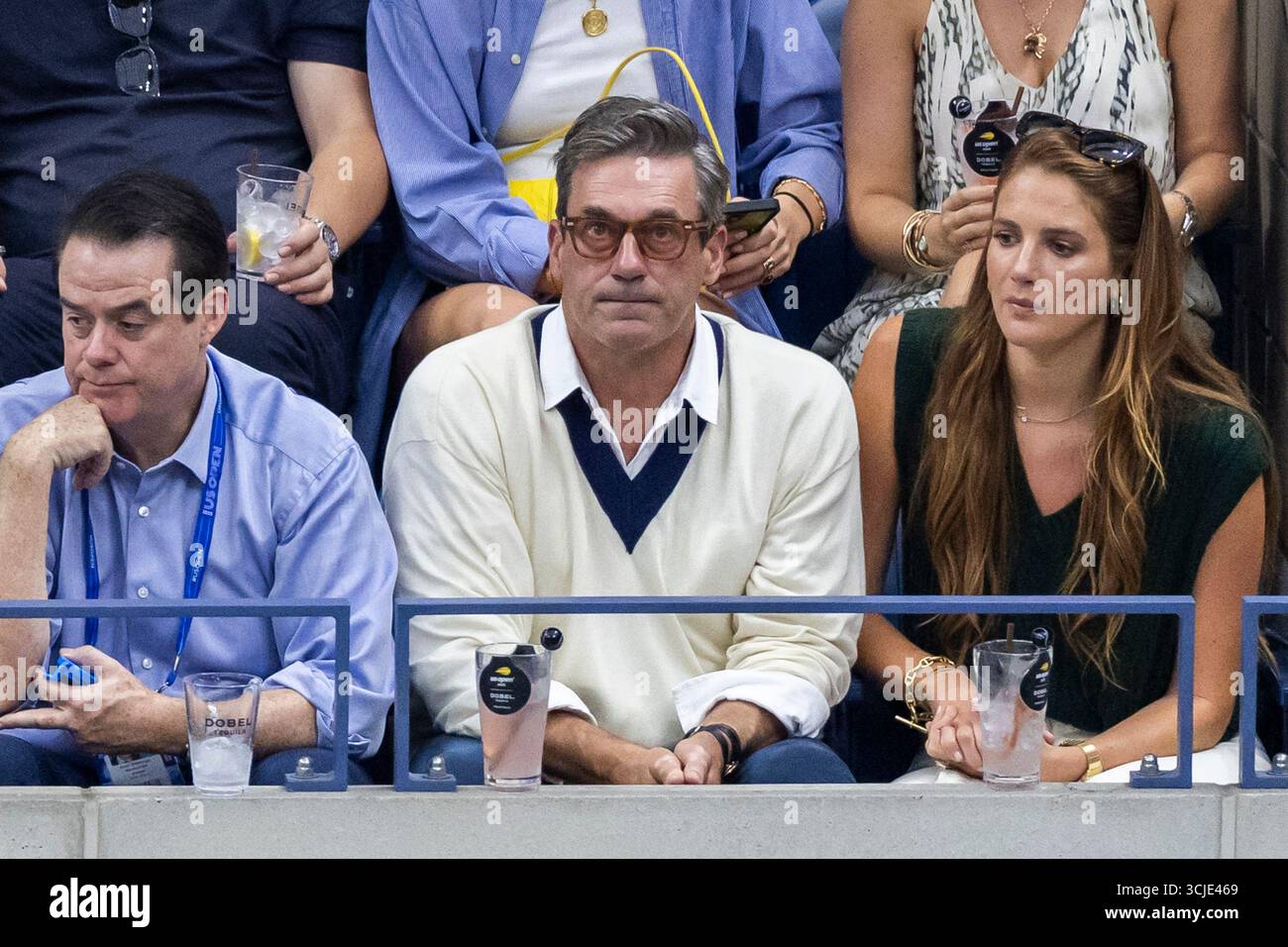 Actor Jon Hamm watches Aryna Sabalenka of Belarus play Amanda Anisimova ...