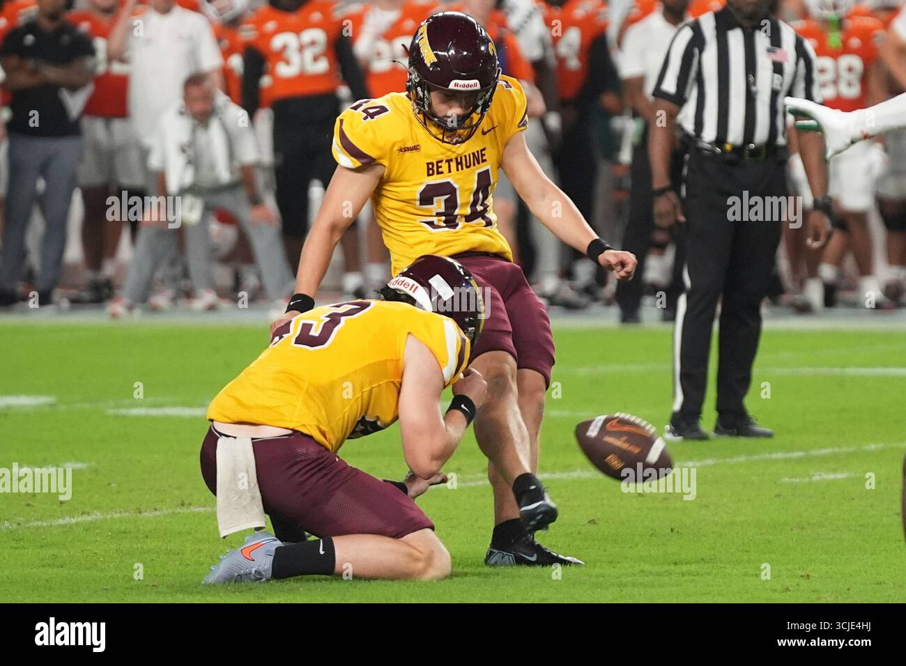 Bethune-Cookman place kicker Juan Dominguez (34) kicks a field goal ...