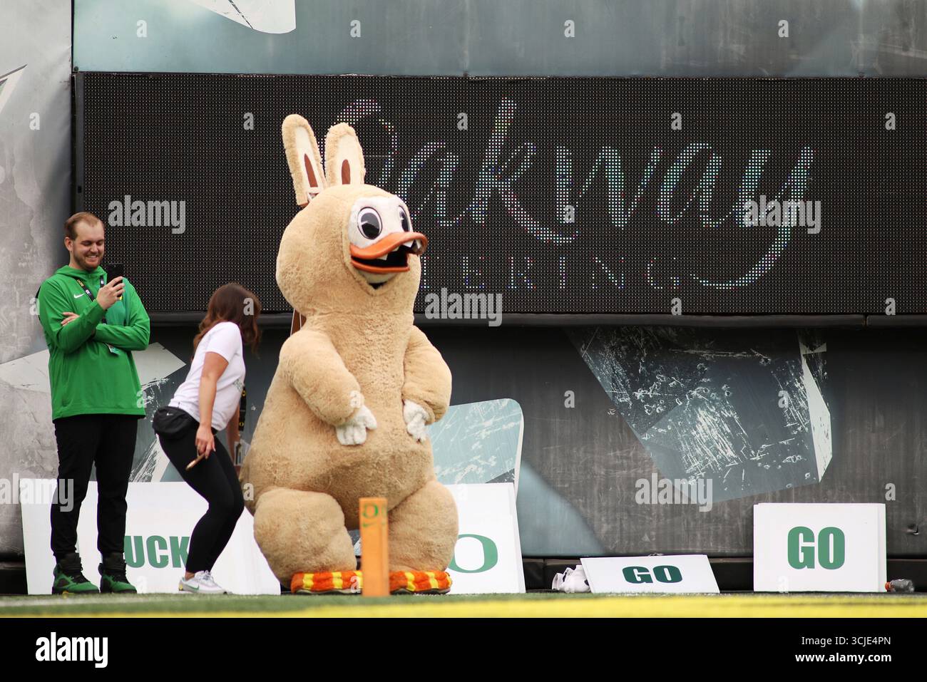The Oregon Duck dresses up as a Labubu during the first half of an NCAA ...