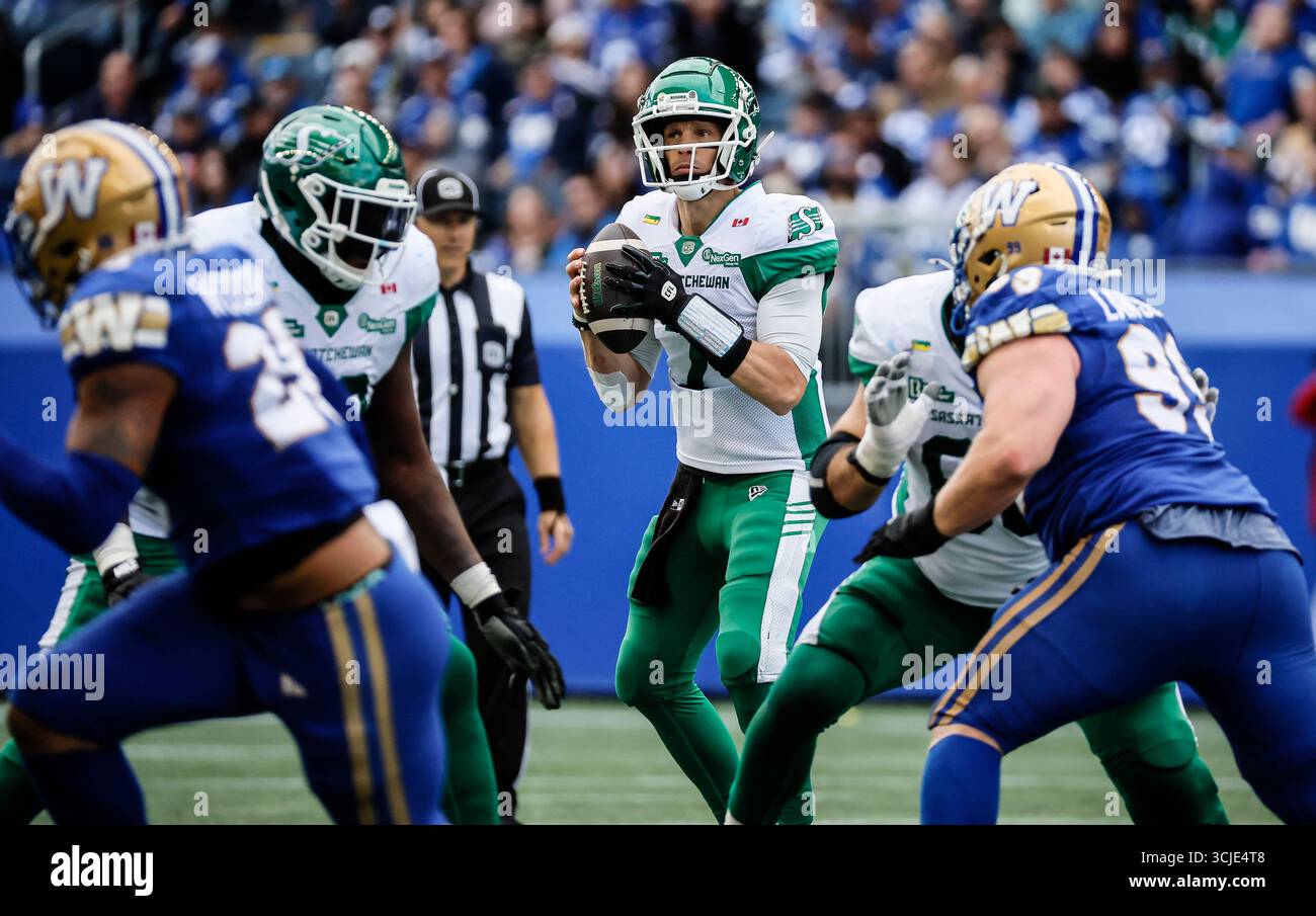 Saskatchewan Roughriders quarterback Trevor Harris (7) looks downfield during second half CFL ...