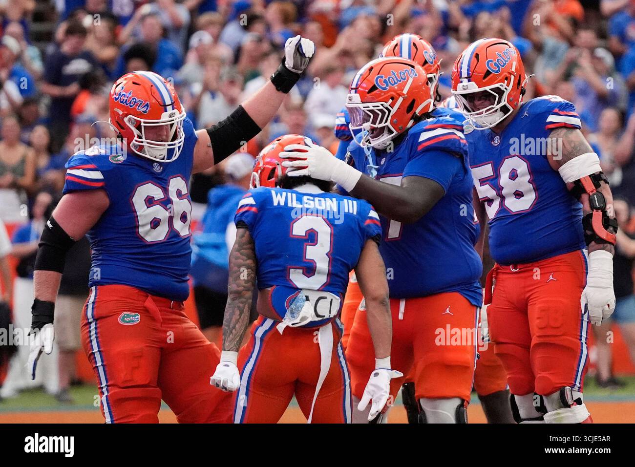 Teammates celebrate with Florida wide receiver Eugene Wilson III (3 ...