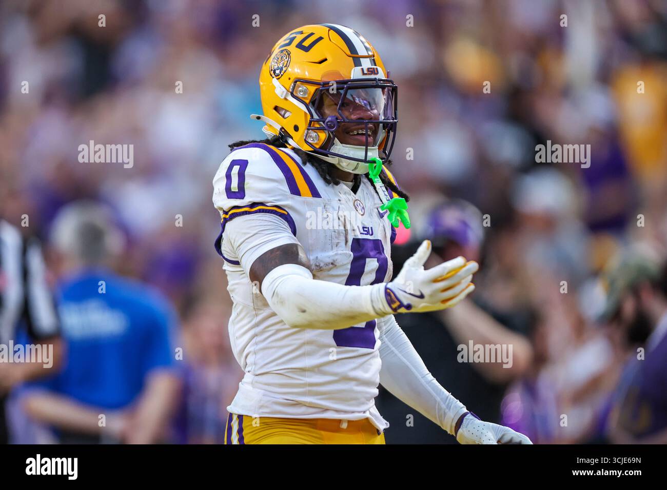 September 6, 2025: LSU wide receiver Zavion Thomas (0) celebrates after ...