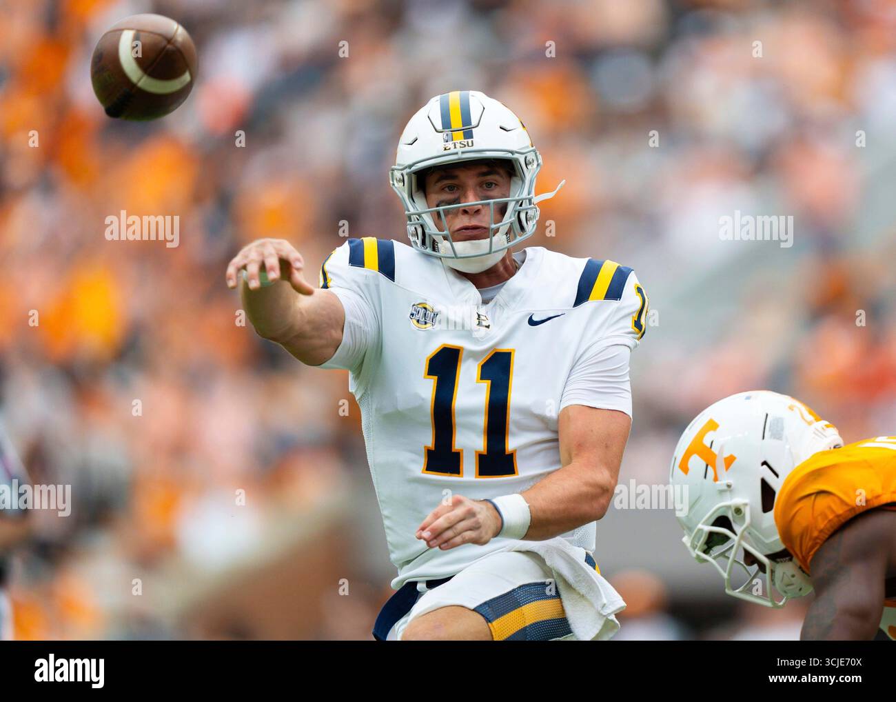 September 6, 2025: Cade McNamara #11 of the East Tennessee State Buccaneers throws the ball ...