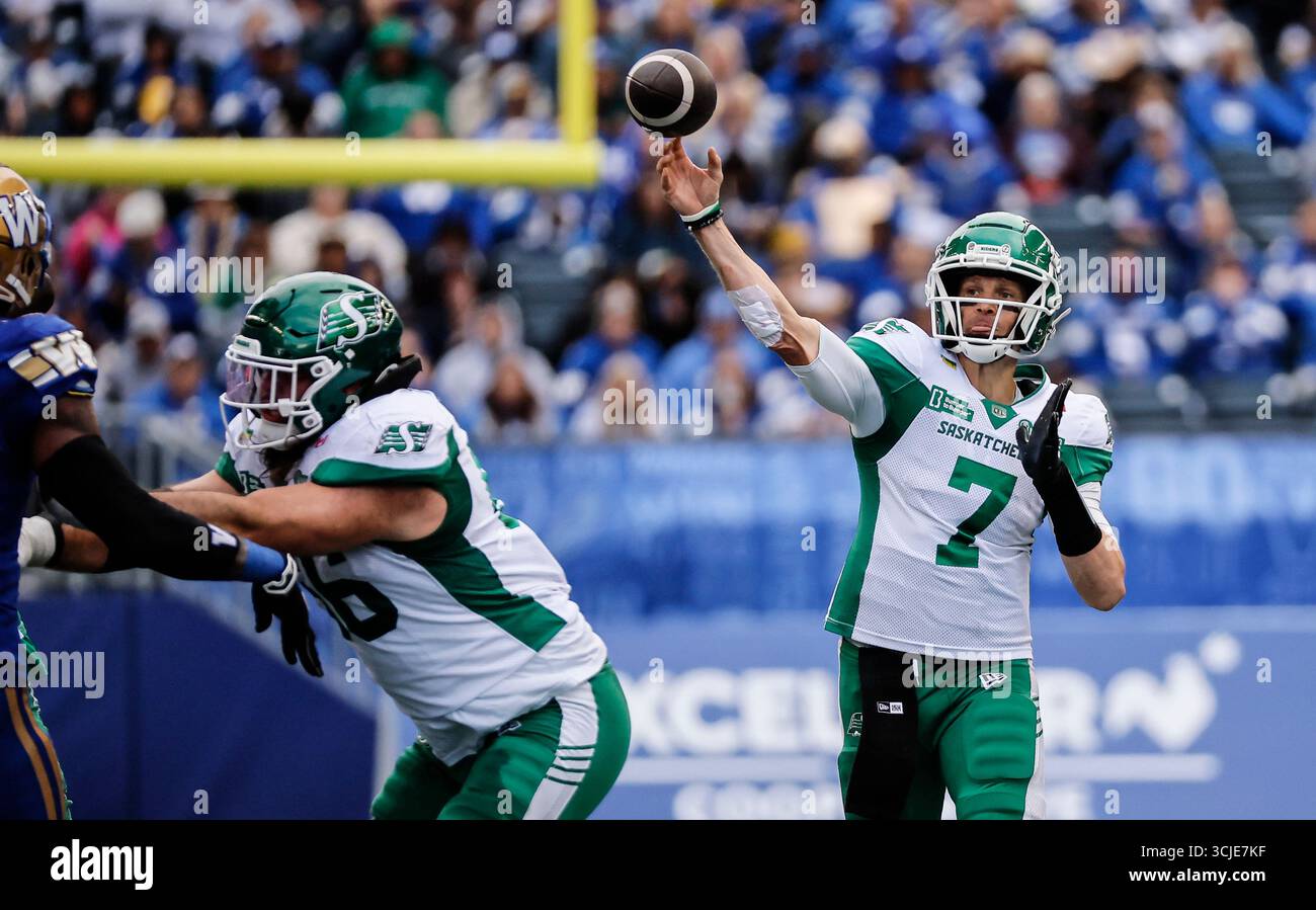 Saskatchewan Roughriders quarterback Trevor Harris (7) throws during second half CFL action ...