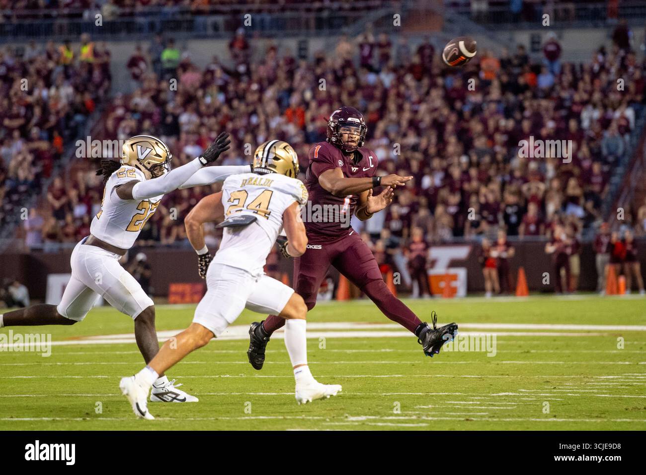 Virginia Tech quarterback Kyron Drones (1) throws downfield against Vanderbilt during the first ...
