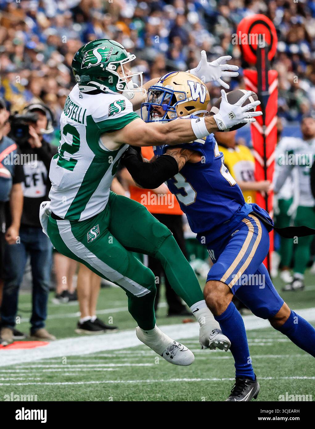 Winnipeg Blue Bombers' Trey Vaval (23) defends against Saskatchewan ...