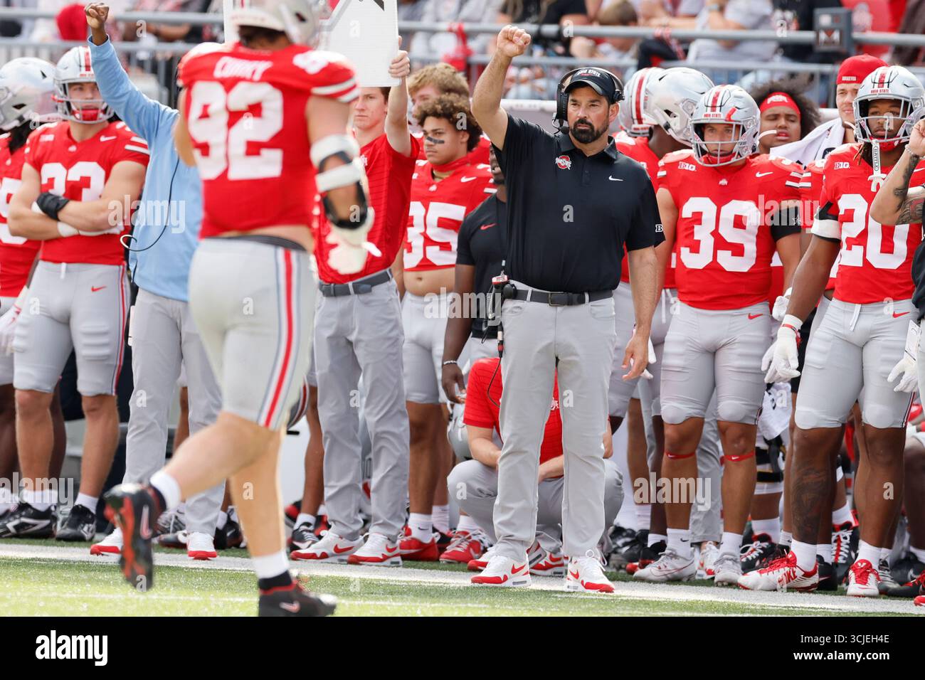 Ohio State head coach Ryan Day watches his team play against Grambling ...