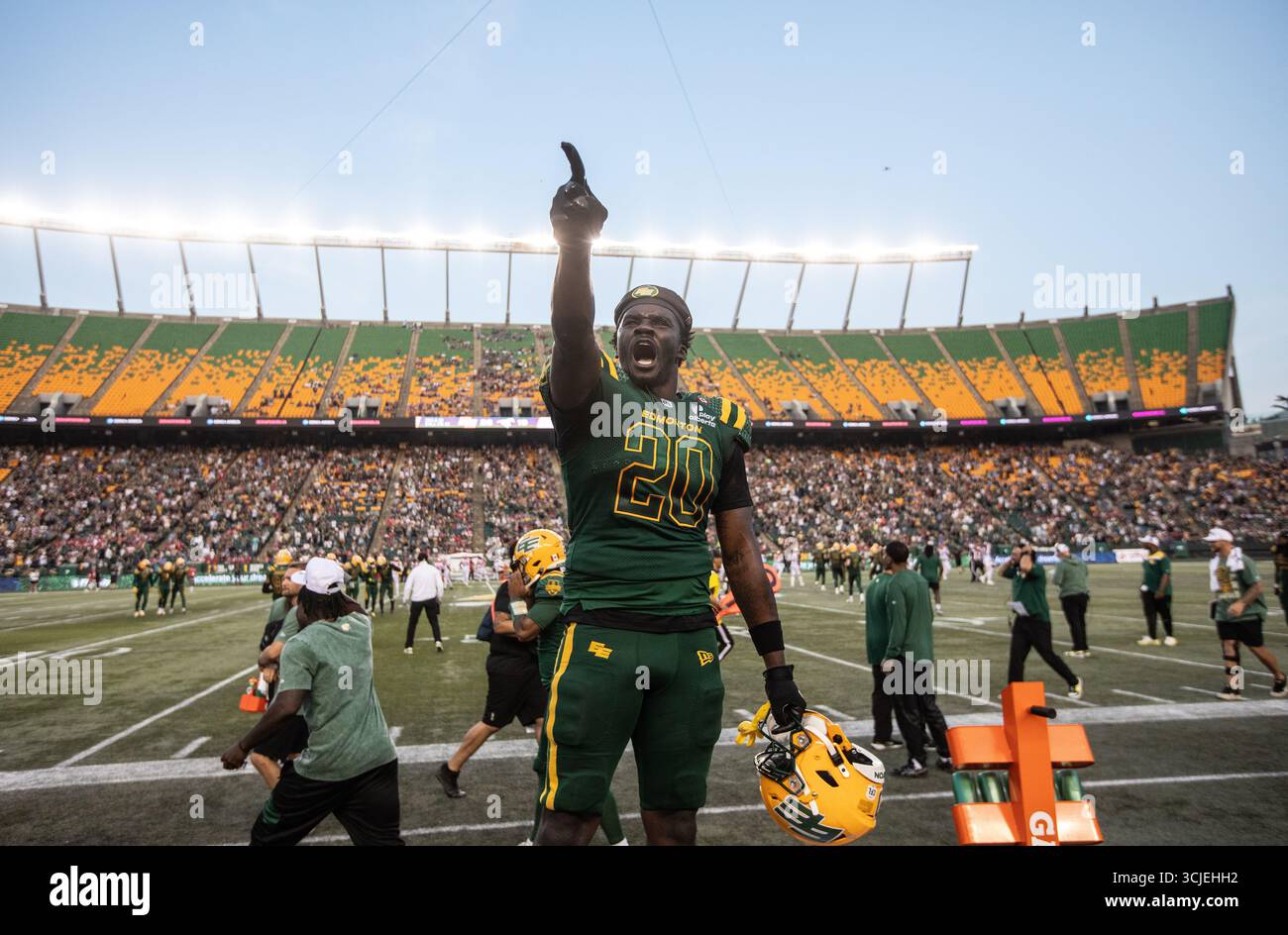 Edmonton Elks' Kenneth Logan Jr. (20) celebrates against the Calgary ...