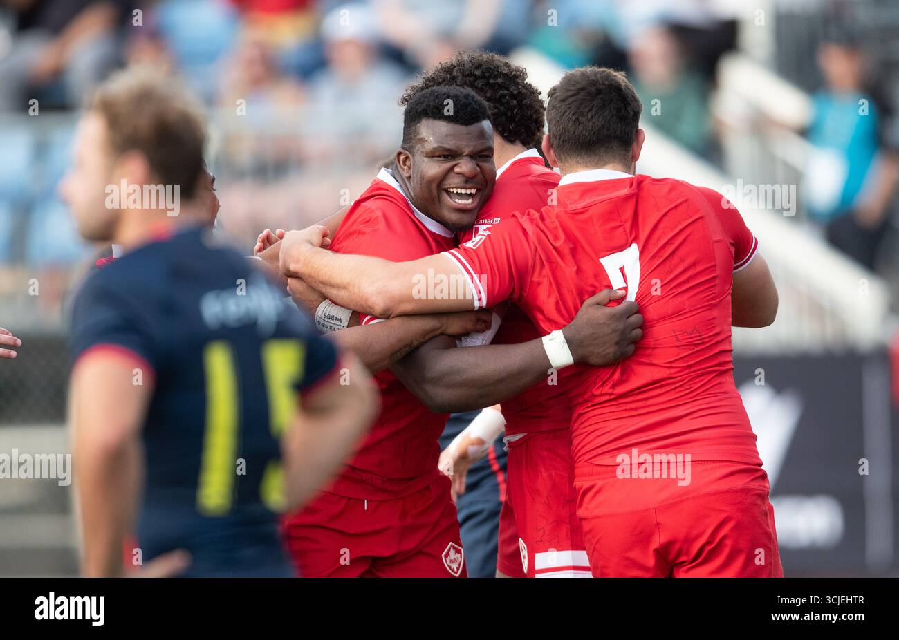 Canada's Matthew Oworu (left) and Lucas Rumball (7) celebrate a try ...