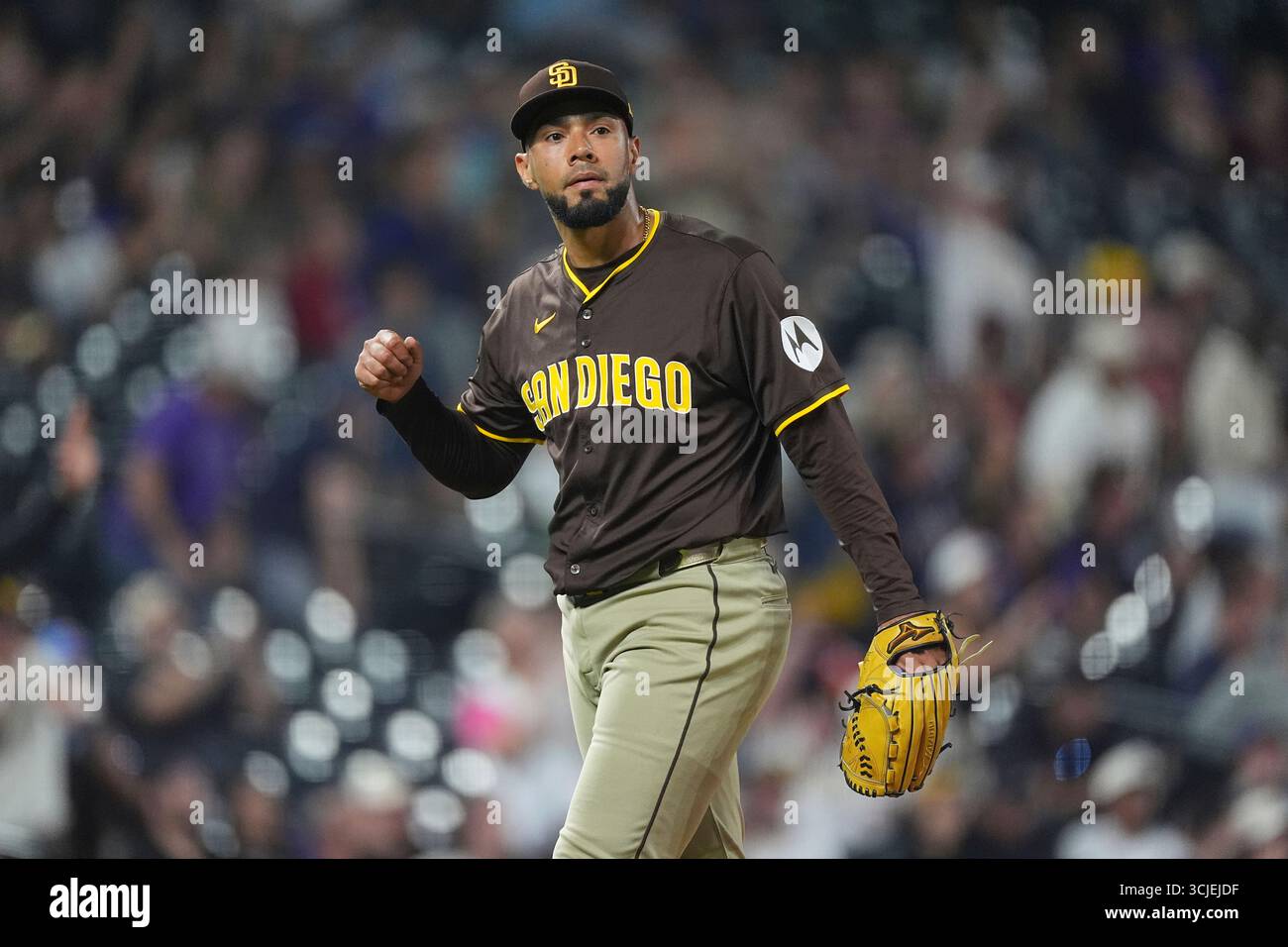 San Diego Padres relief pitcher Robert Suarez gestures after getting Colorado Rockies' Brenton ...