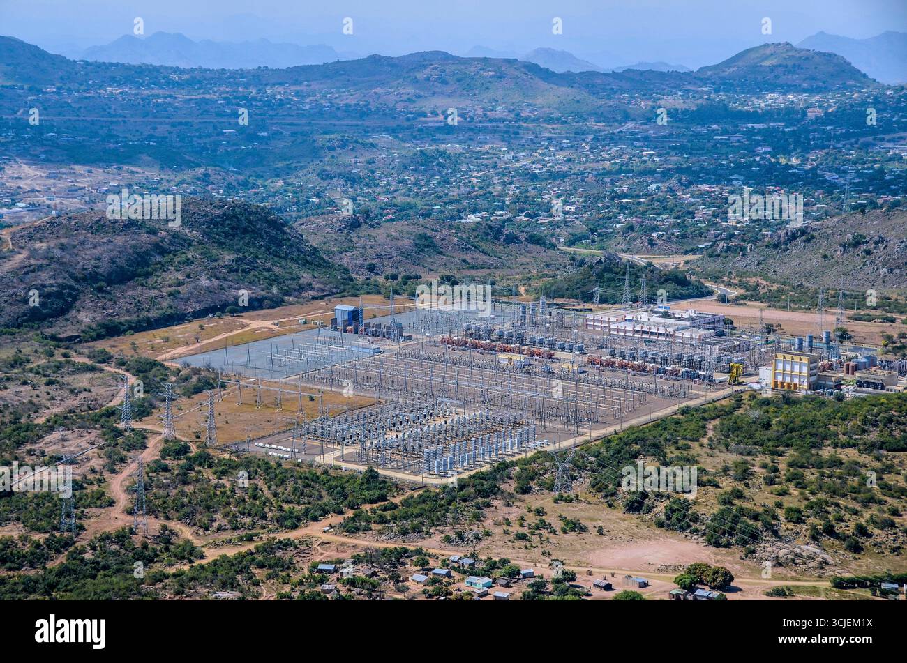 Aerial view of the a substation, in Songo, Mozambique, Saturday, July 19, 2025. (AP Photo/Carlos ...