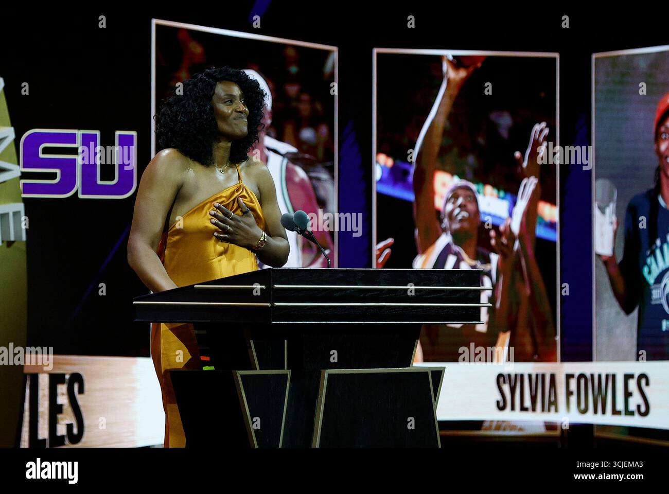 SPRINGFIELD, MA - SEPTEMBER 06: Hall of Fame Inductee Sylvia Fowles speaks during the 2025 ...
