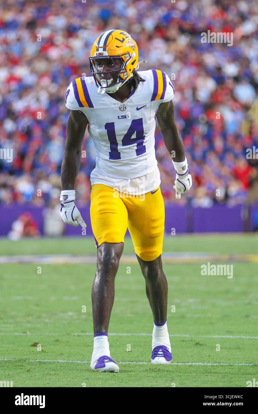 September 6, 2025: LSU's Trey'Dez Green (14) lines up on the line of ...