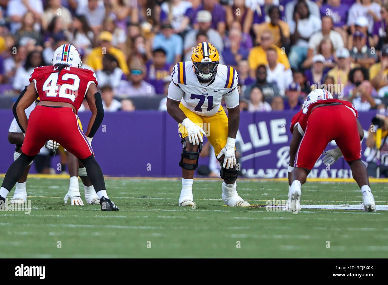 September 6, 2025: LSU offensive lineman Tyree Adams (71) gets ready ...