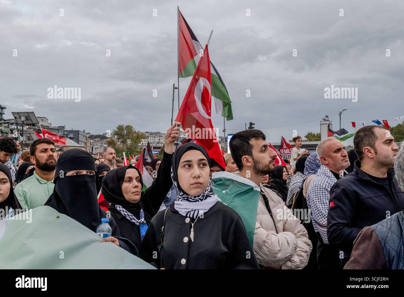 Pro-Palestinian protesters gather during the march. Thousands of people ...