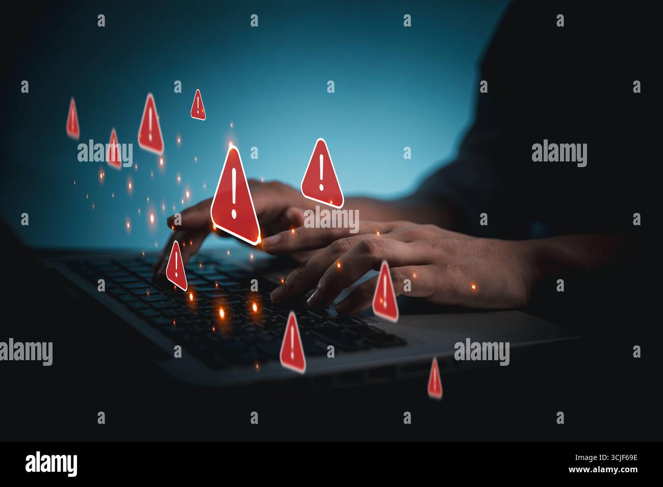 Person using phone and laptop is shown online with red warning signs ...