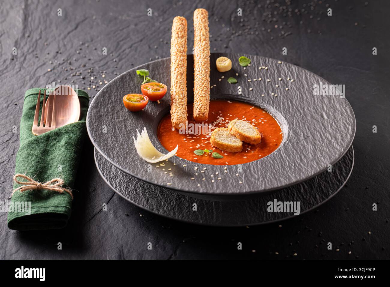 Professional tomato soup in exclusive restaurant made by the chef ...