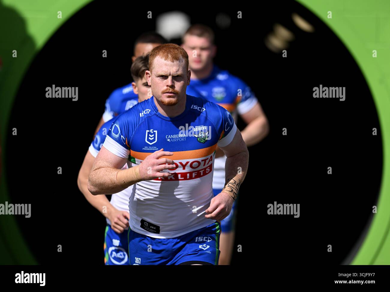Corey Horsburgh of the Raiders is seen leading his team out during the ...