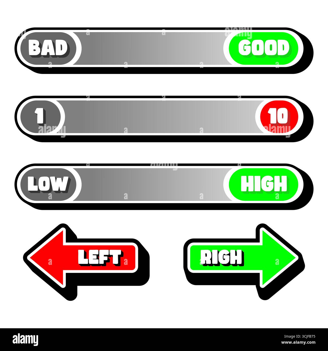 Bright button collection with sliders and arrows showing directions and ...