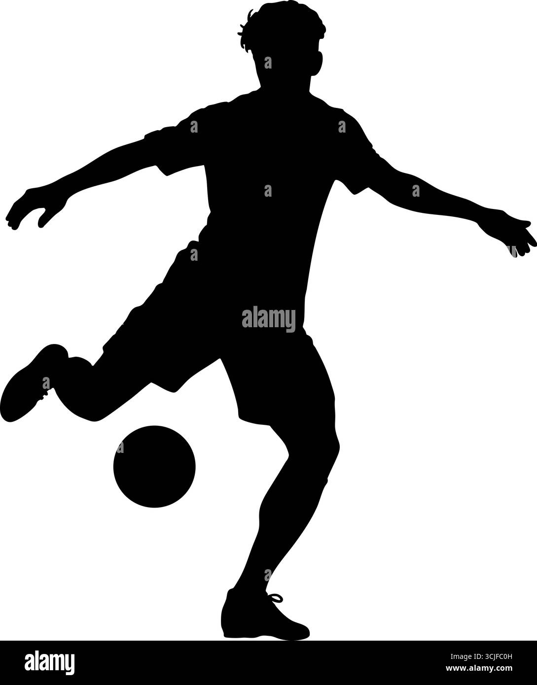 Dynamic black silhouette of a soccer player kicking a ball. Isolated ...