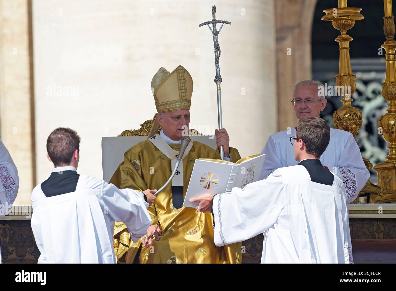 Pope Leo XIV during the canonization of Carlo Acutis, in St. Peter's Square at the Vatican, on ...