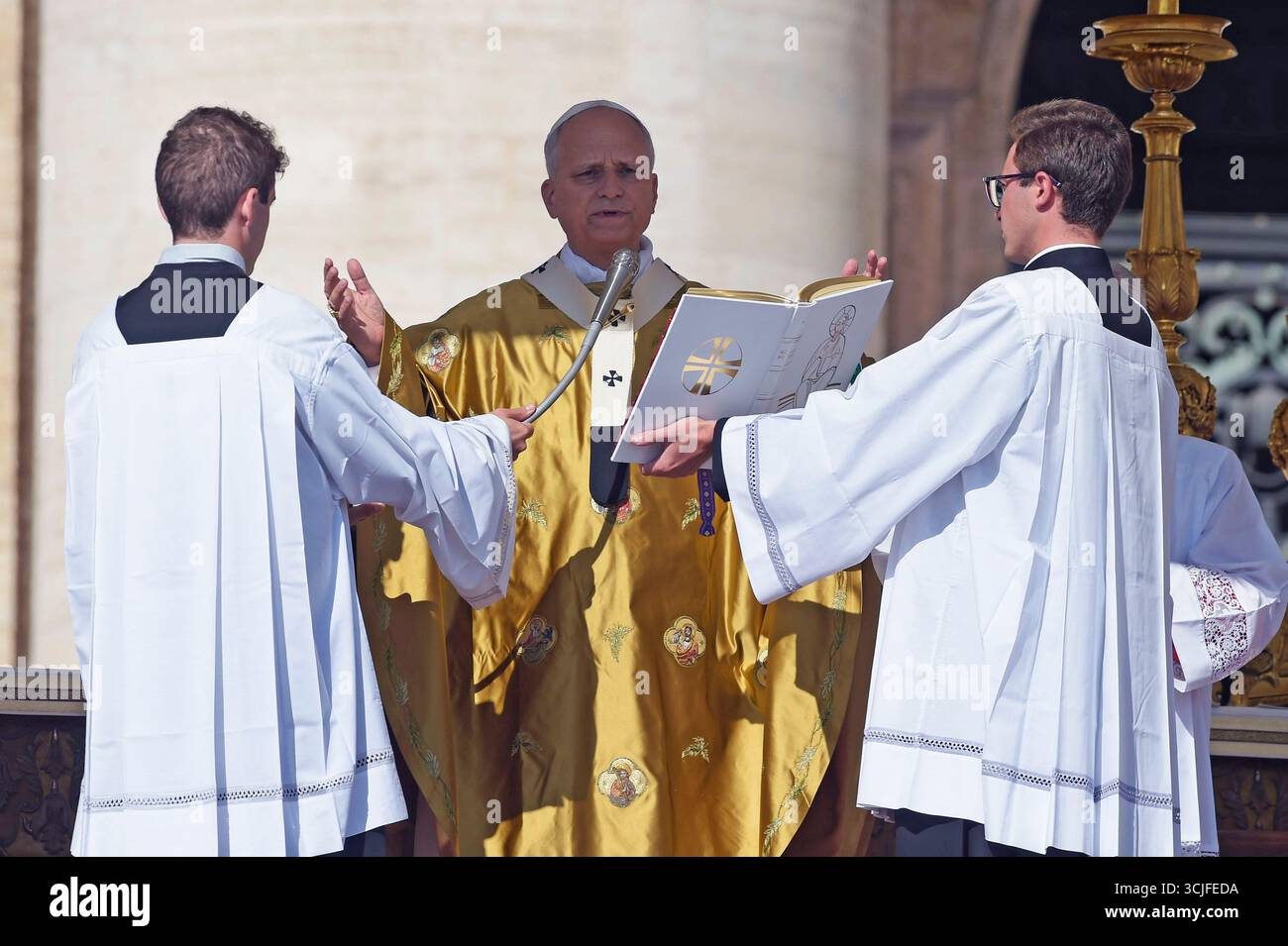 Pope Leo XIV during the canonization of Carlo Acutis, in St. Peter's Square at the Vatican, on ...