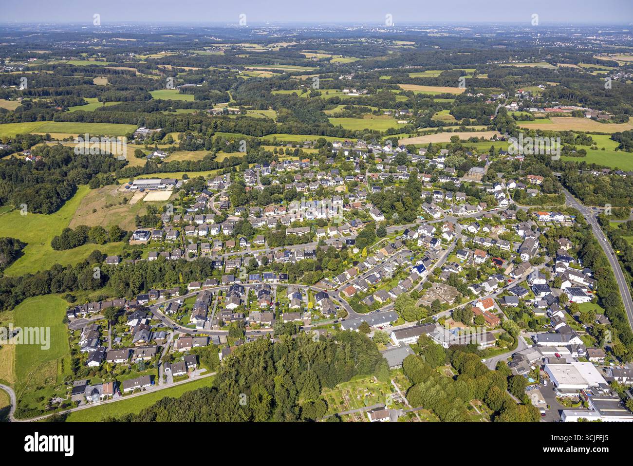 Aerial view, residential area local view district Silschede, forest ...