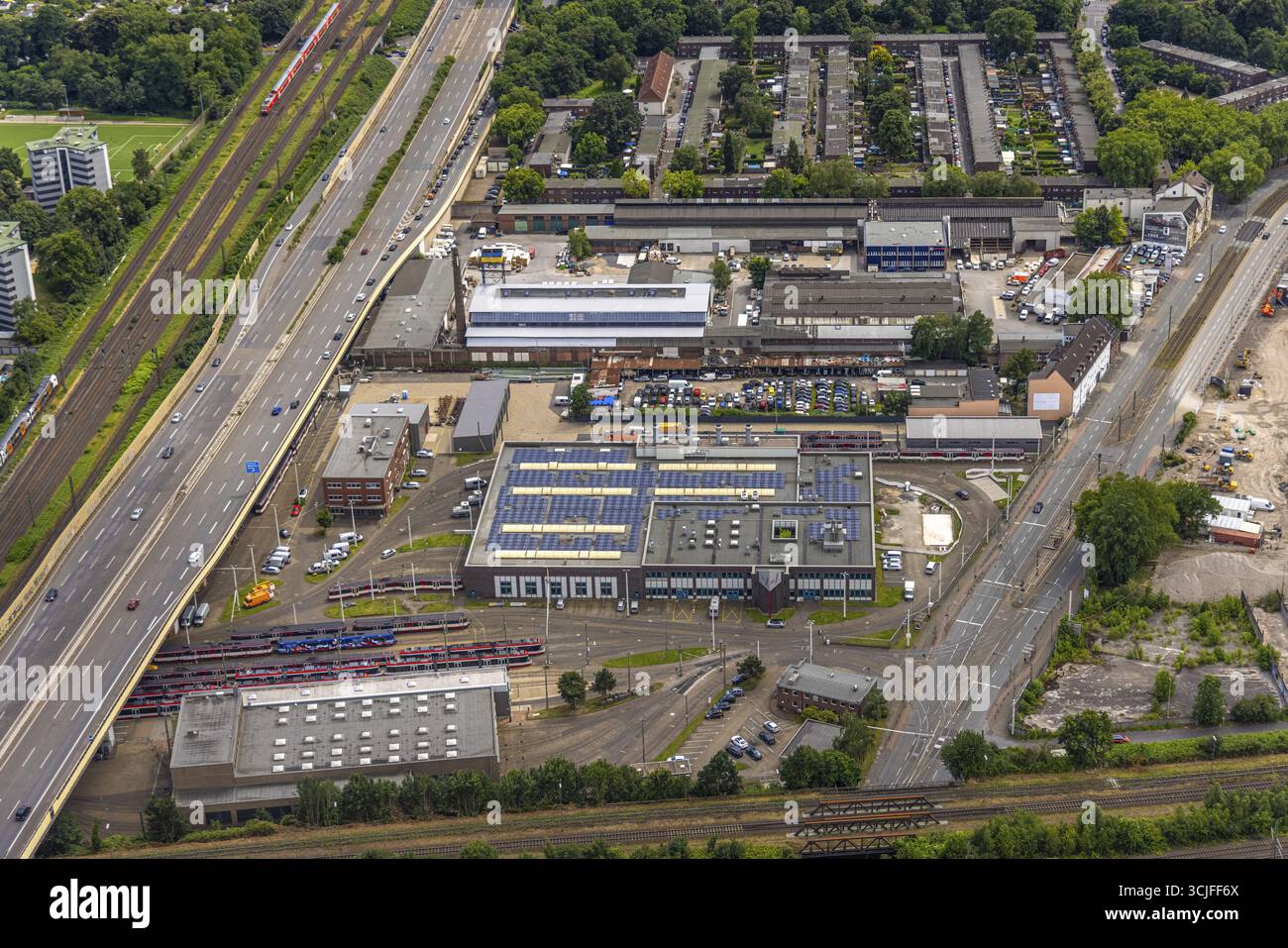 Aerial view, Duisburg-Sued, DVG tramway / light rail depot, motorway ...
