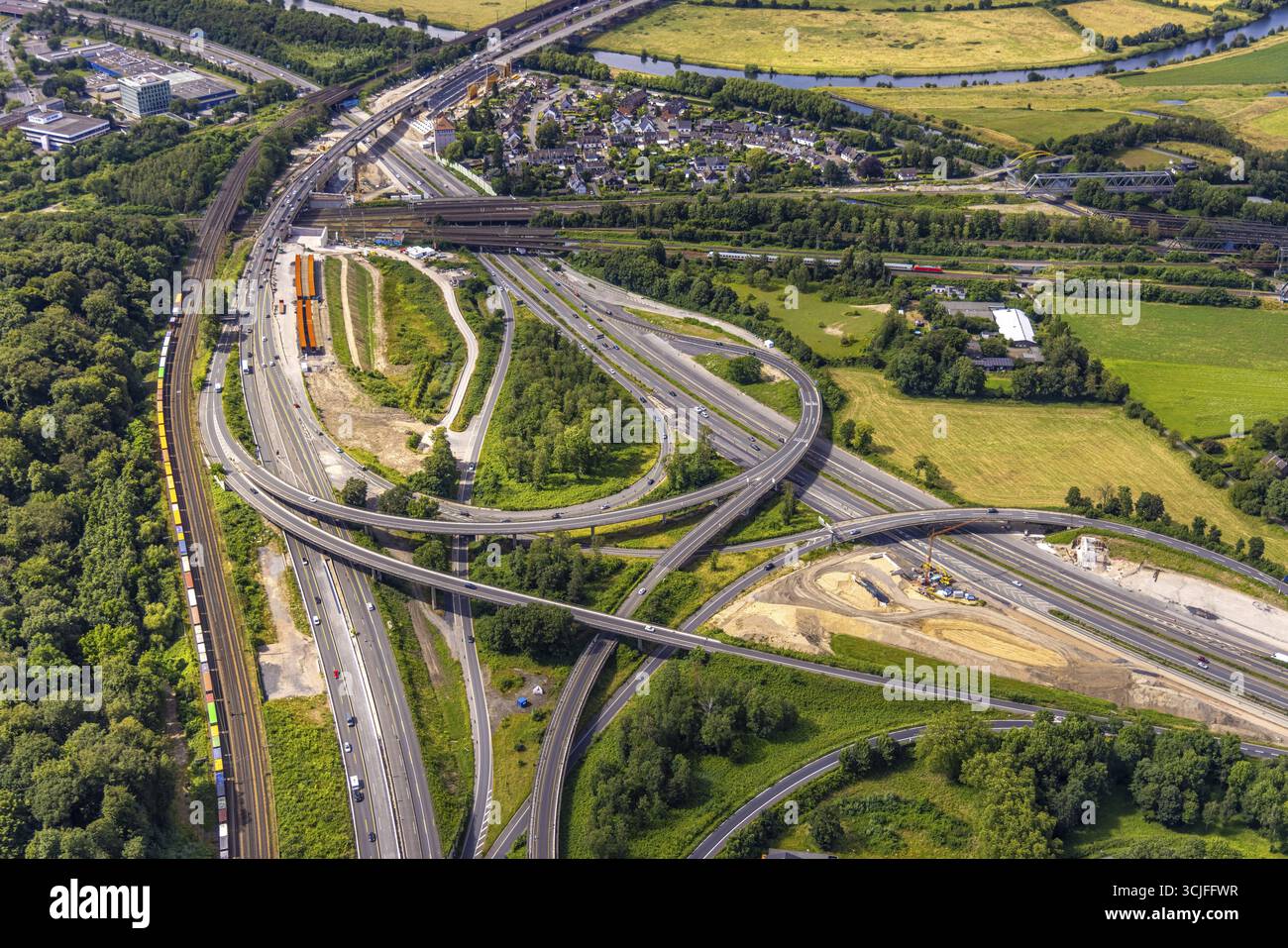 Aerial view, Kaiserberg junction construction site, road traffic ...