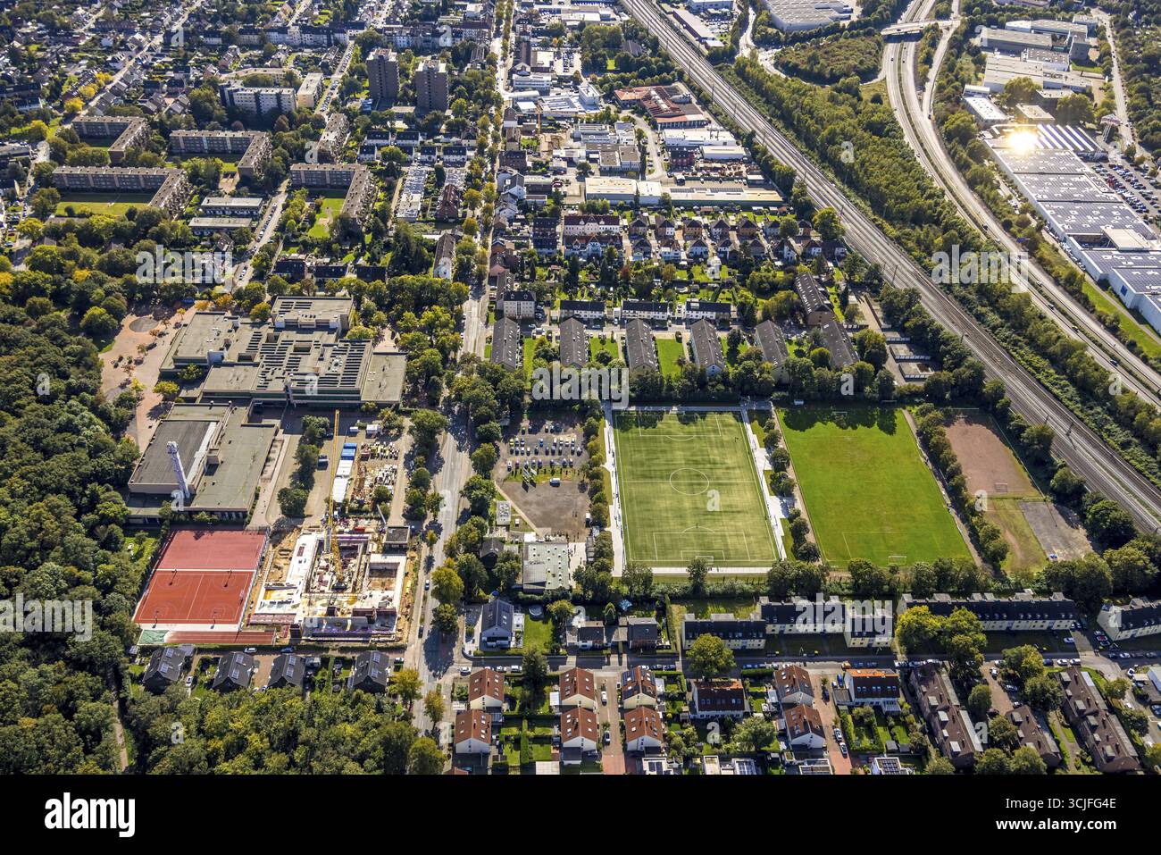 Aerial view, construction site for the new south swimming pool at the ...